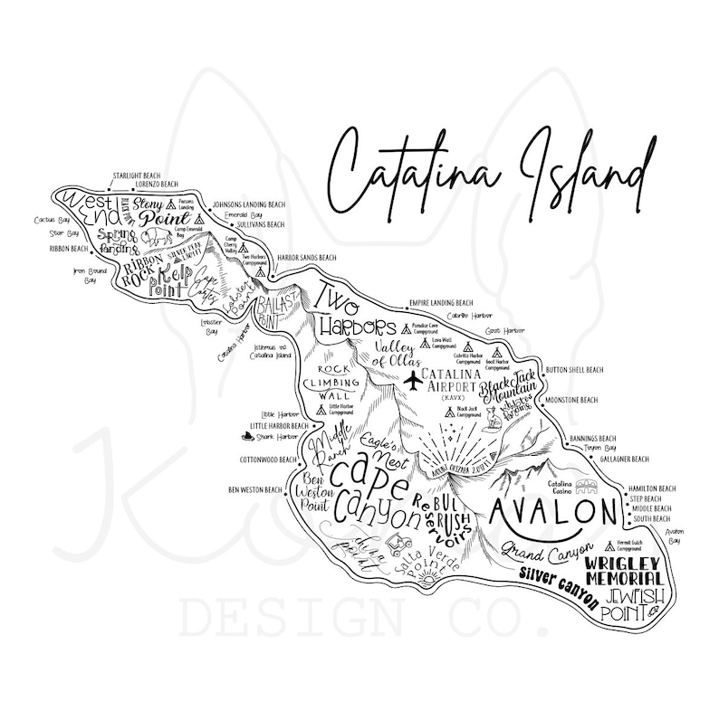 Catalina Island Illustrated Map - Catalina Island Print - Calligraphy ...