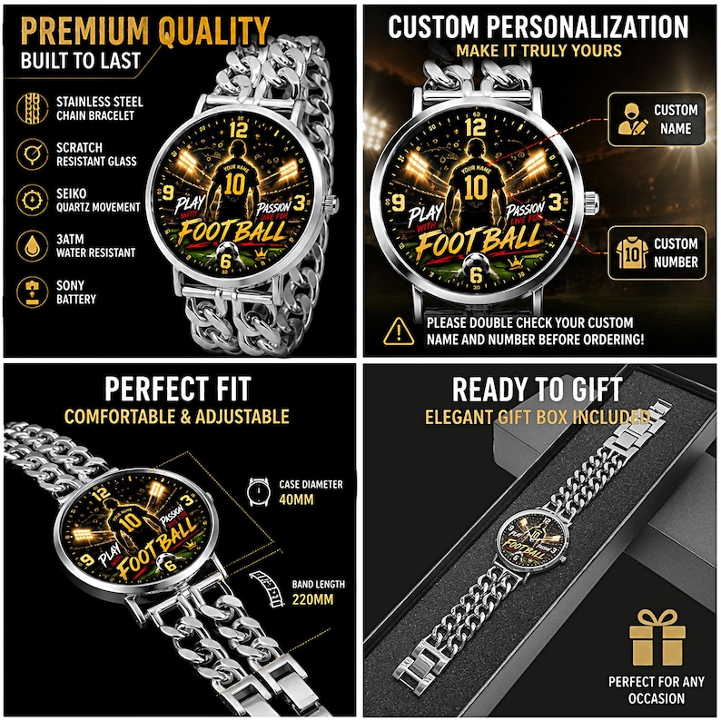 Personalized Football Legend Watch, Custom Name Number, Retro Sports ...