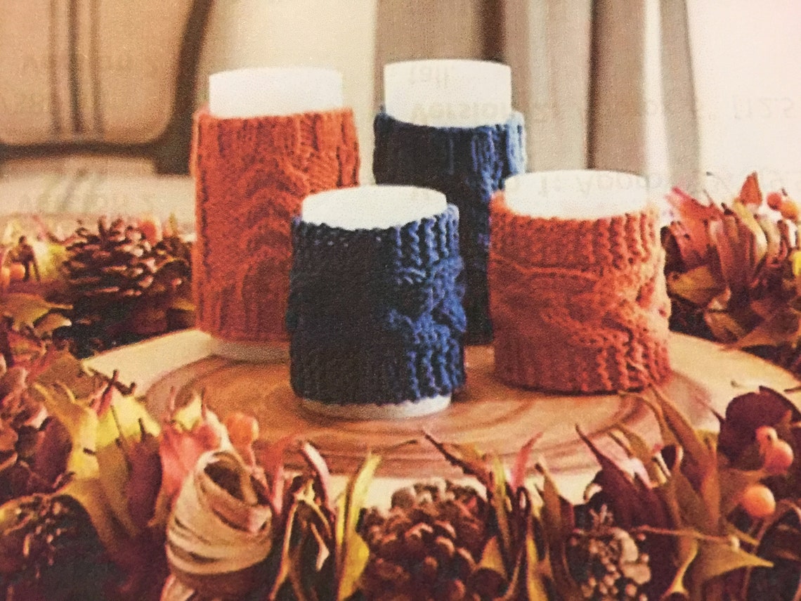 Candle cozy knit cable cozy for candle in three colors | Etsy
