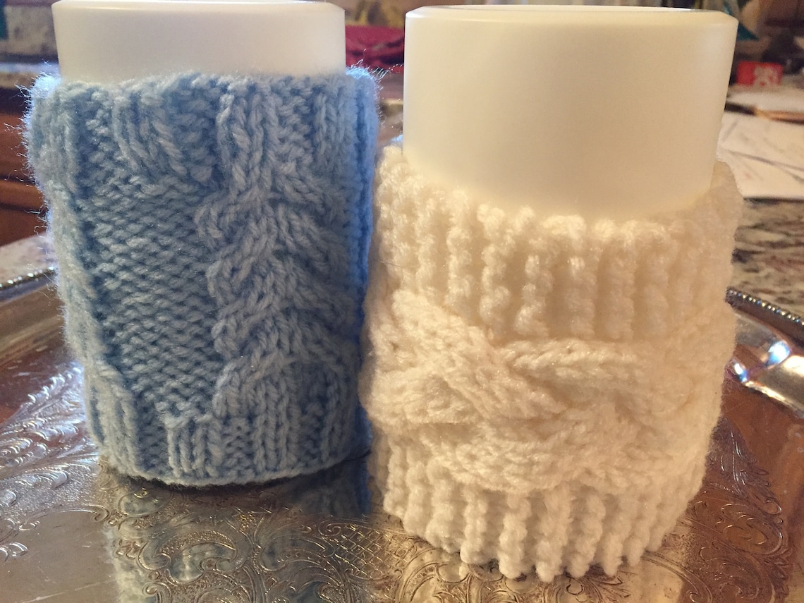 Candle cozy knit cable cozy for candle in three colors | Etsy