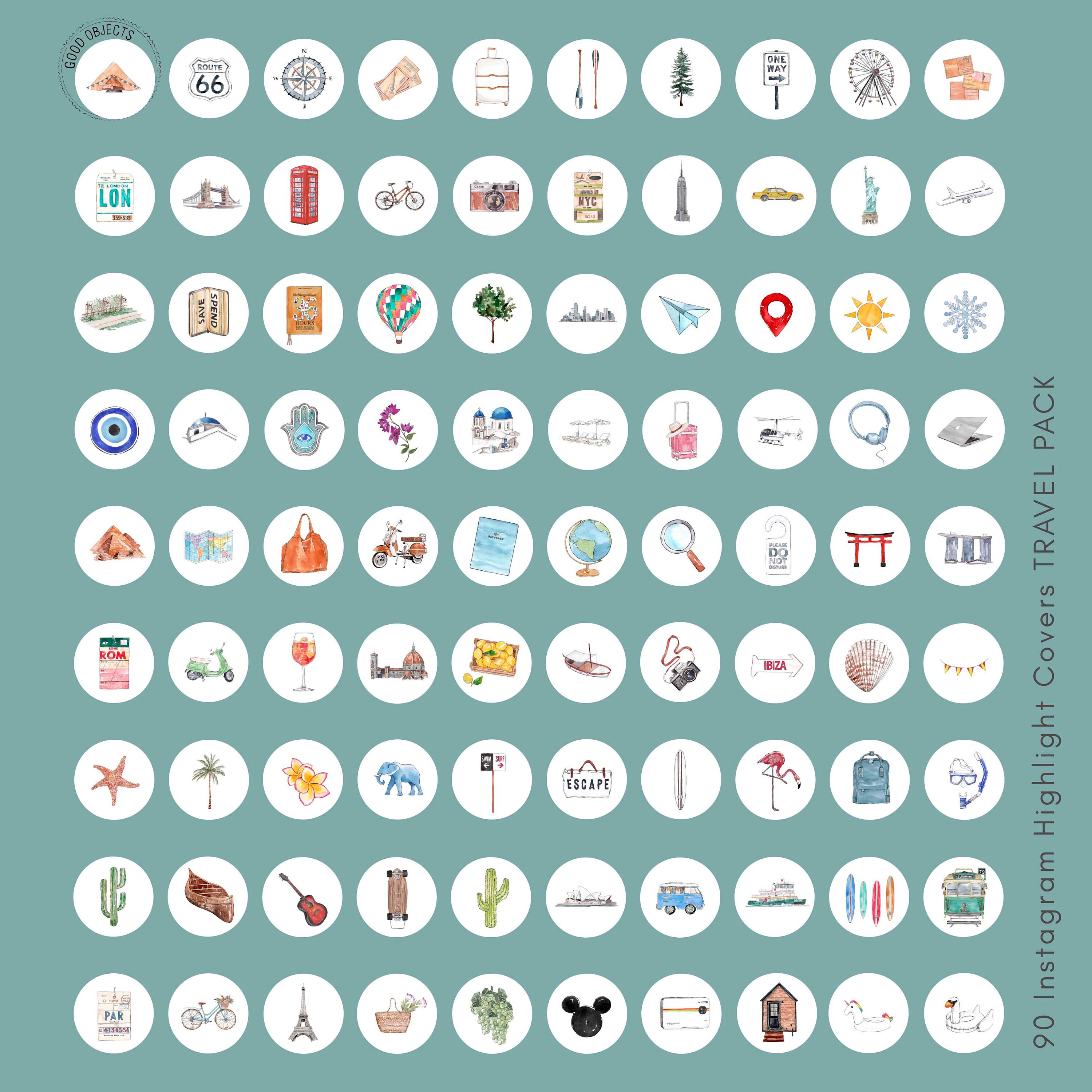 90 TRAVEL Instagram Highlight Covers Pack - Watercolor Story Highlights ...