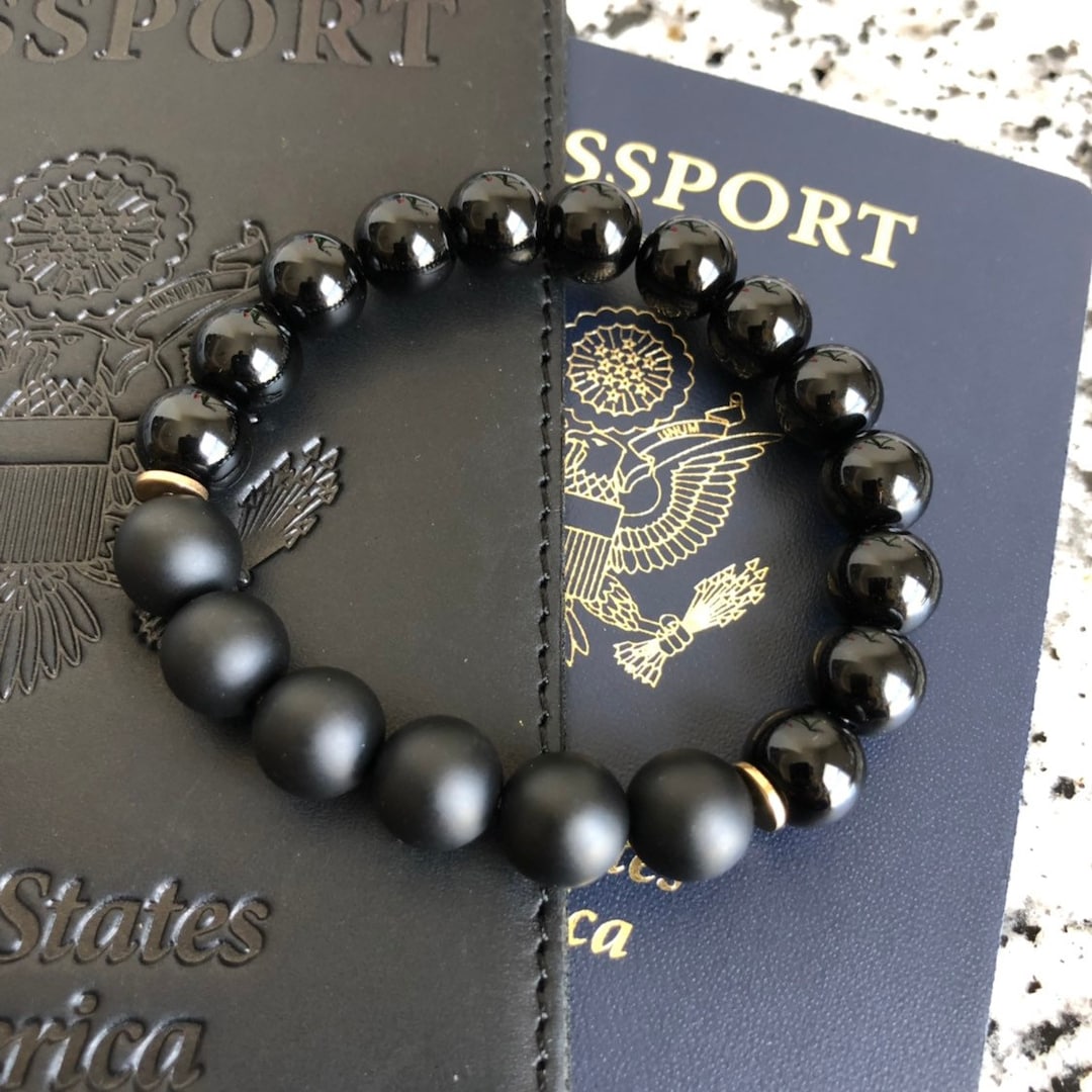Matte Black Onyx Beaded Bracelet: 10mm Beads With Gold Accents - Etsy
