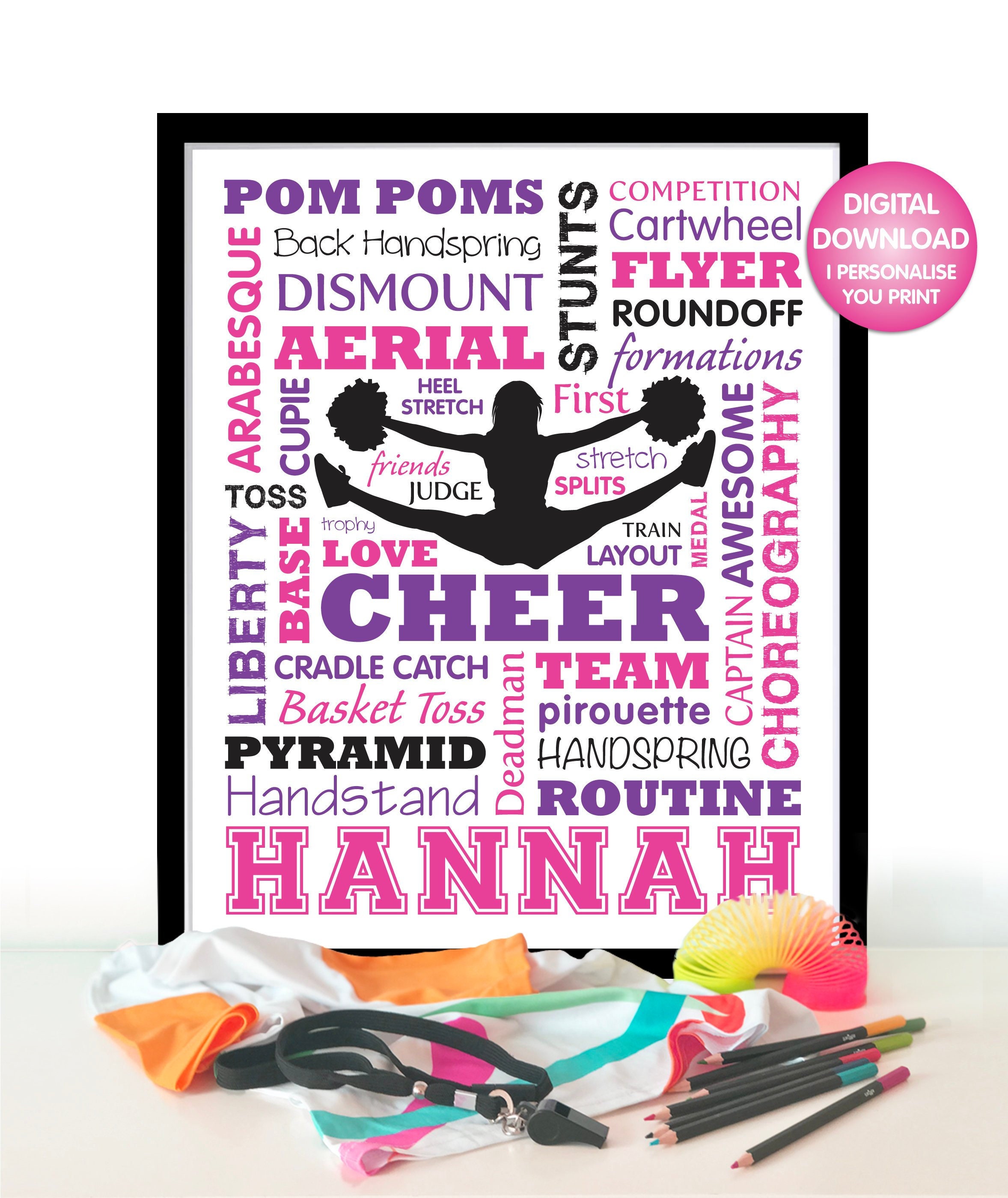 Cheerleading Poster, Cheerleading Typography Print, Personalised ...