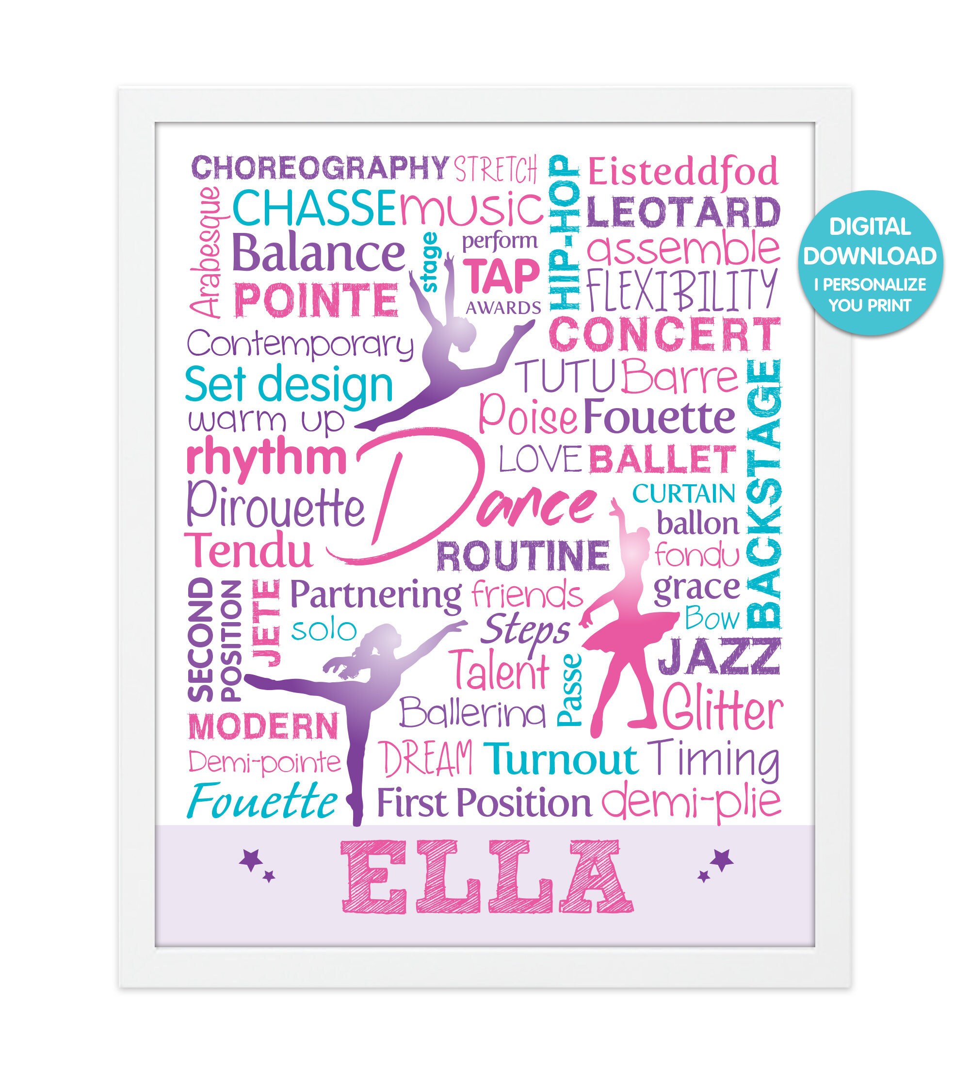 Dance Poster, Dance Typography Art Print, Girl's Room Art, Personalize ...