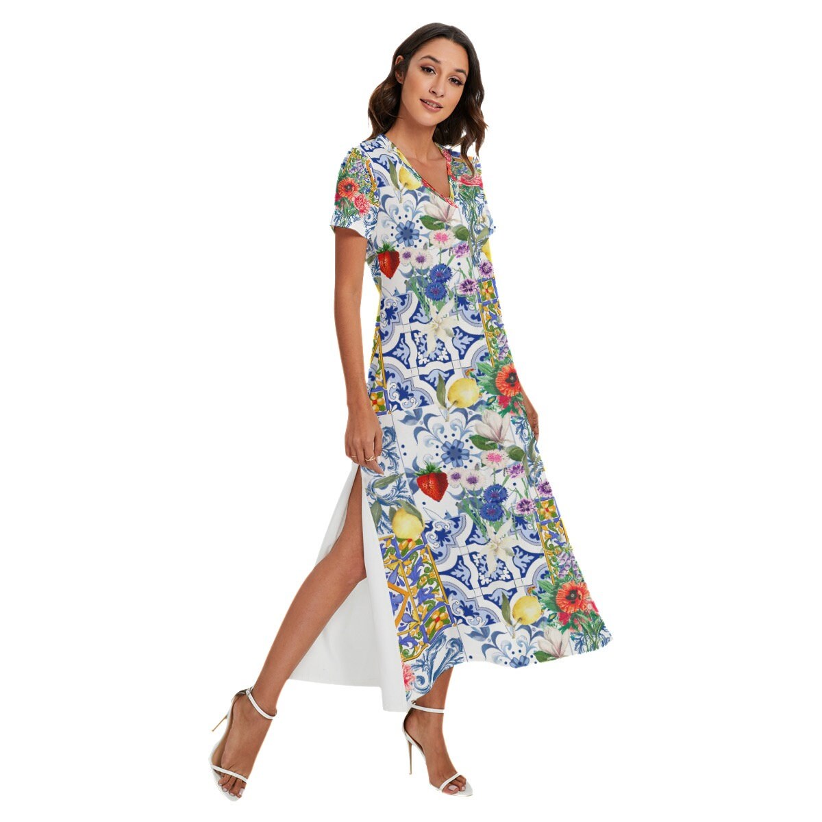 Mediterranean Style,lemons,summer,all-over Print Women's V-neck Dress ...