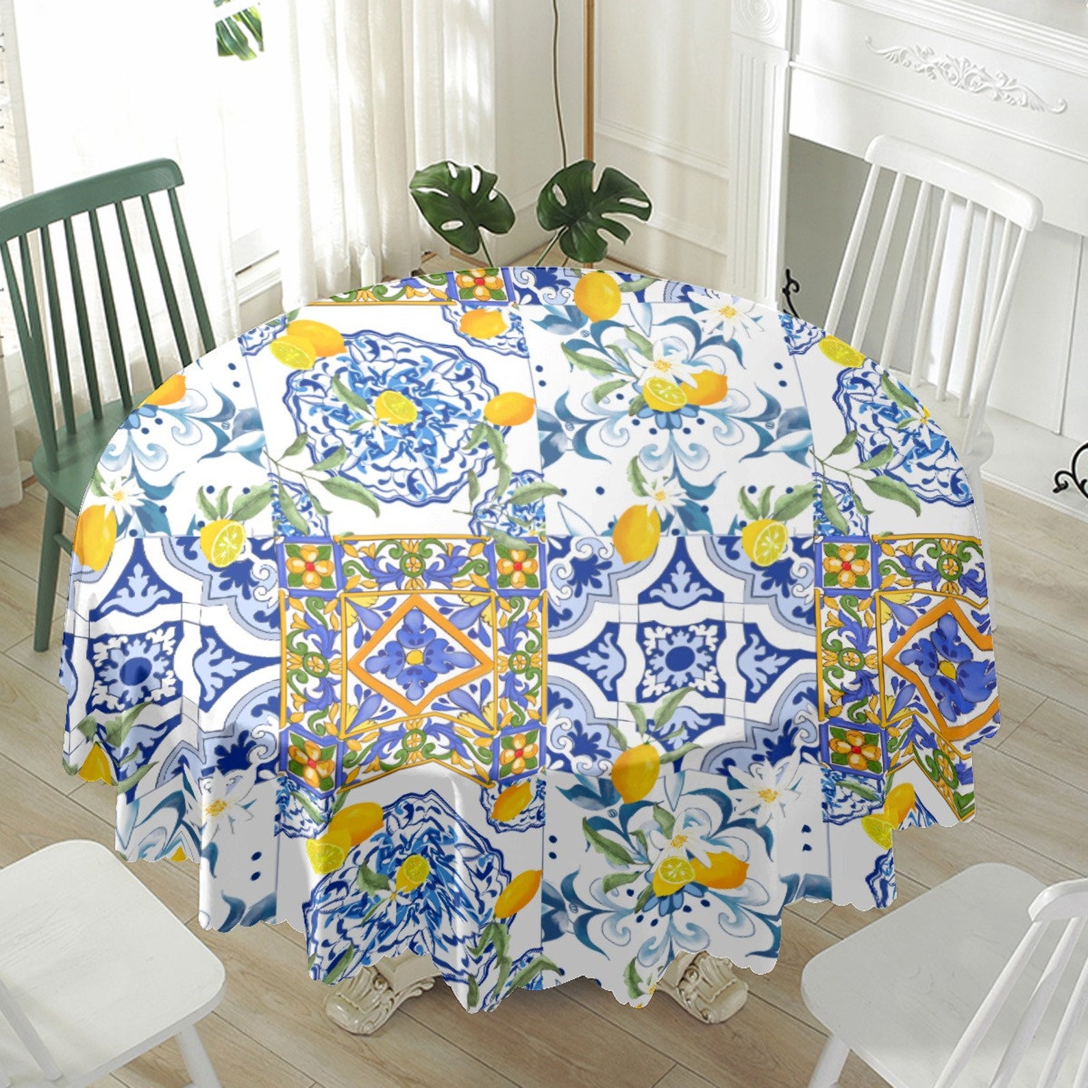 Sicilian Stylelemonsmajolica Waterproof Tablecloth Round - Etsy