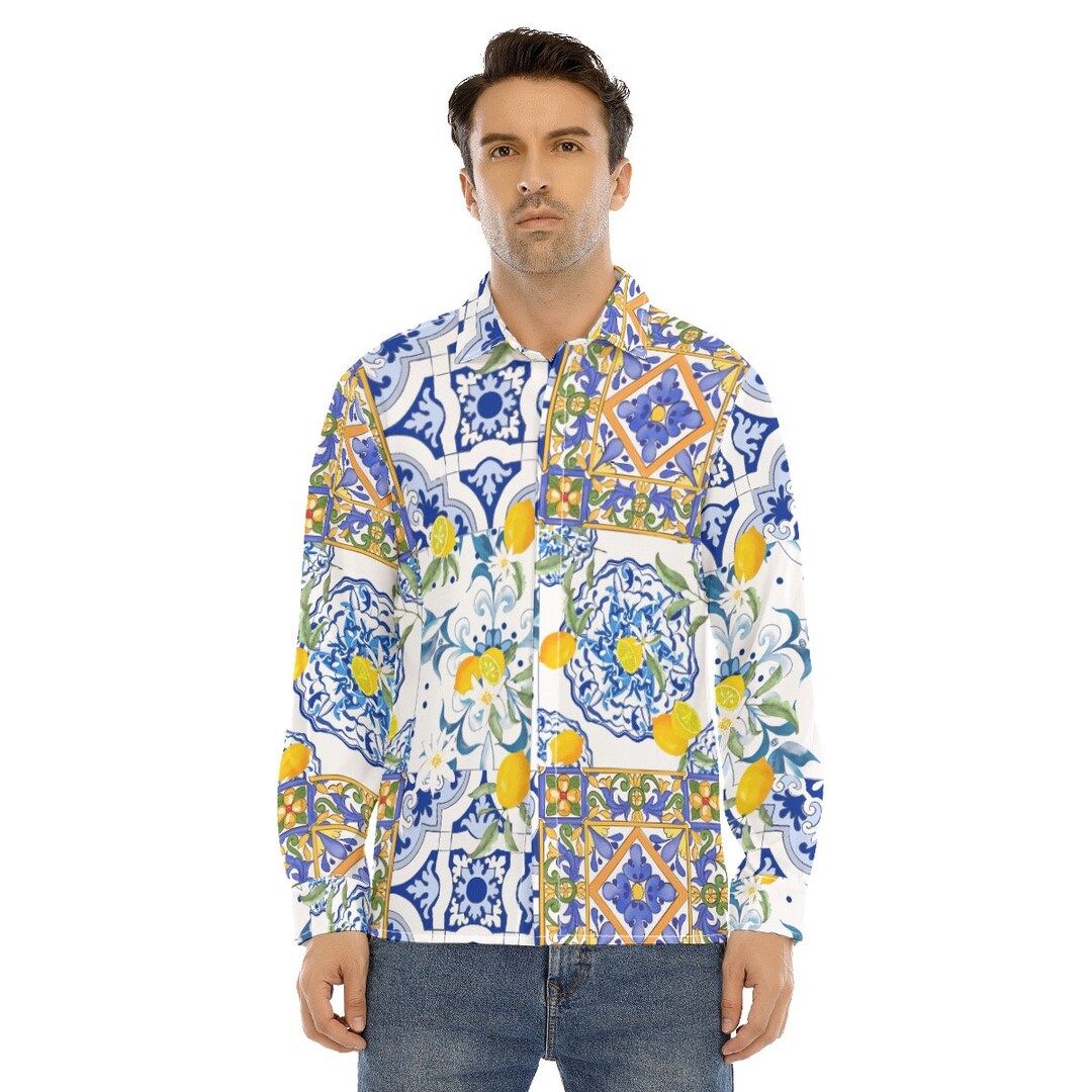 Sicilian Tiles,majolica,lemon,all-over Print Men's Lapel Collar Shirt ...