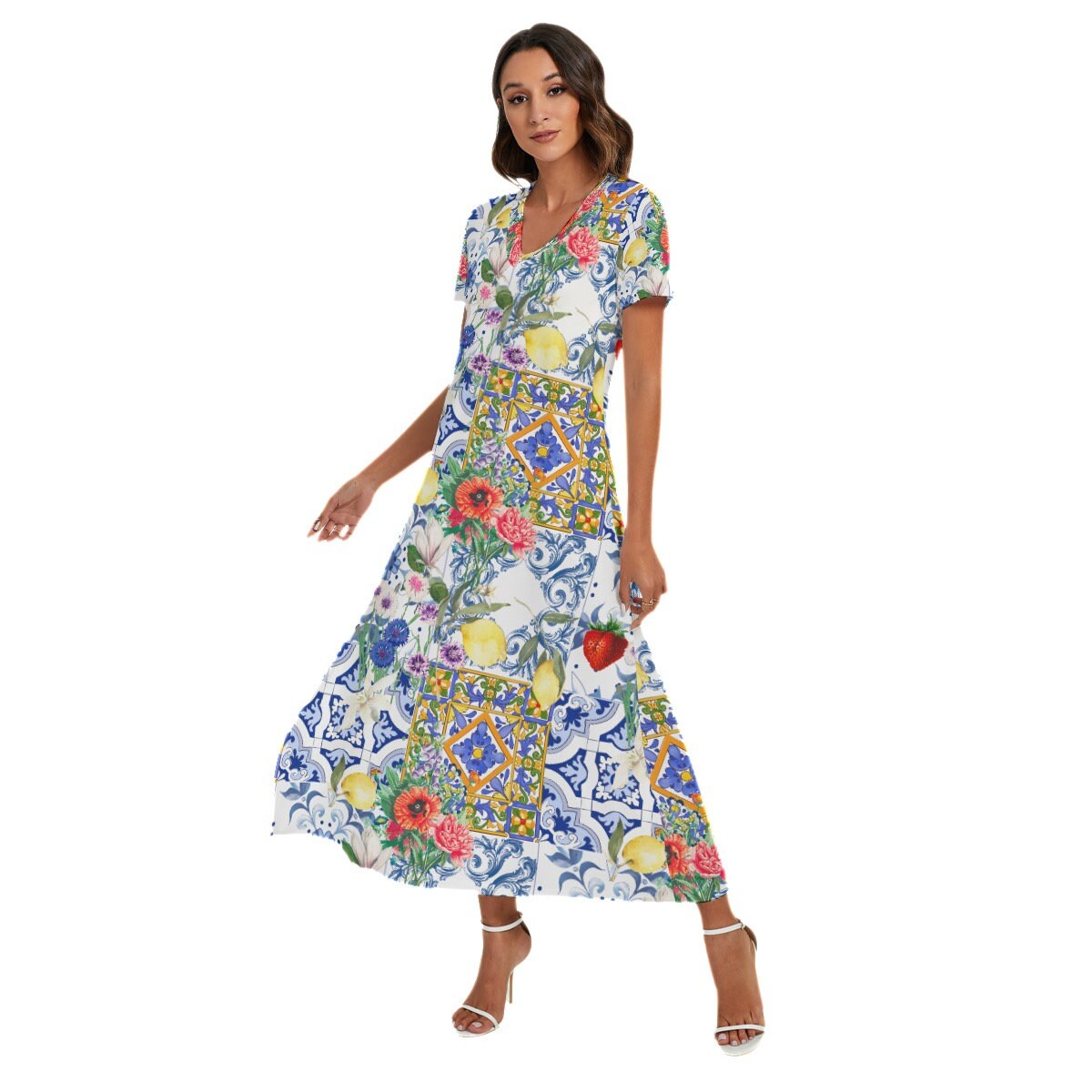 Mediterranean Style,lemons,summer,all-over Print Women's V-neck Dress ...