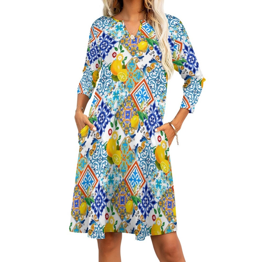 Sicilian Tiles,lemons,majolica,7-point Sleeve Dress - Etsy