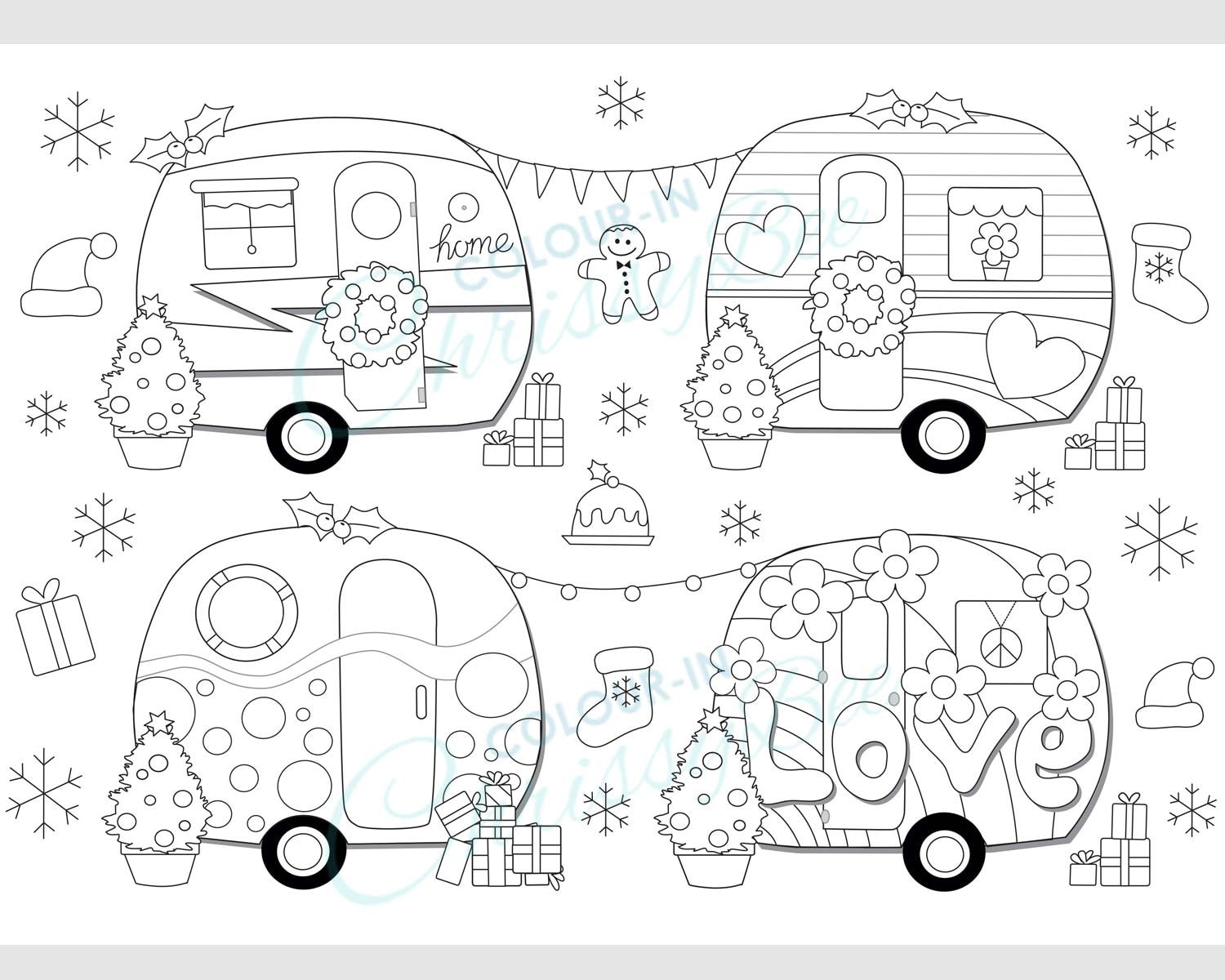 Christmas Campers Coloring Pages, Vintage Caravan Printable, RV ...