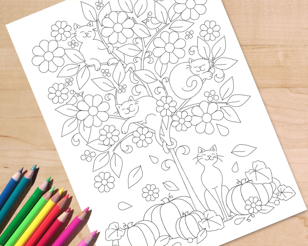 Cat Coloring Page, Printable Autumn Fall Thanksgiving, Adult Colouring ...