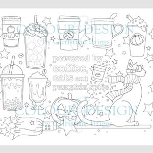 Pumpkin Spice Latte Coloring Page, Halloween Cat Printable, Coffee ...