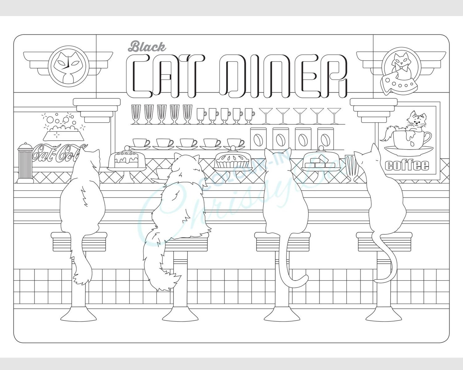 Cat Coloring Page, Printable Cat Cafe Page, Retro 50s Diner Colouring ...