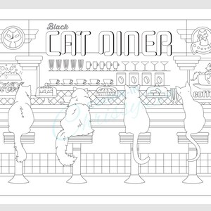 Cat Coloring Page, Printable Cat Cafe Page, Retro 50s Diner Colouring ...