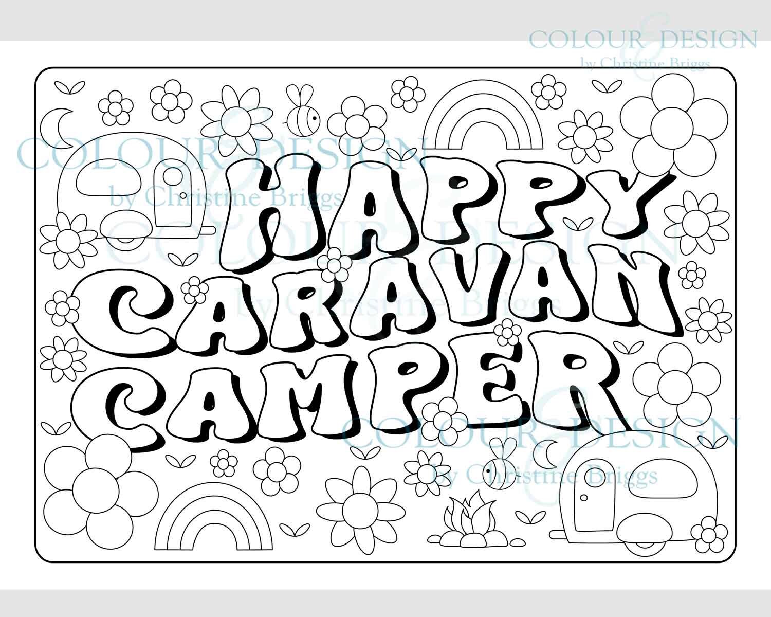 Printable Camping Coloring Page. Happy Caravan Camper Activity Sheet ...