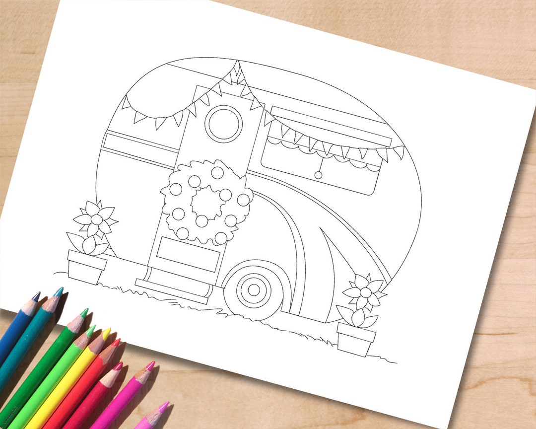 Christmas Camper Coloring Page, Vintage Caravan Printable, Adult ...
