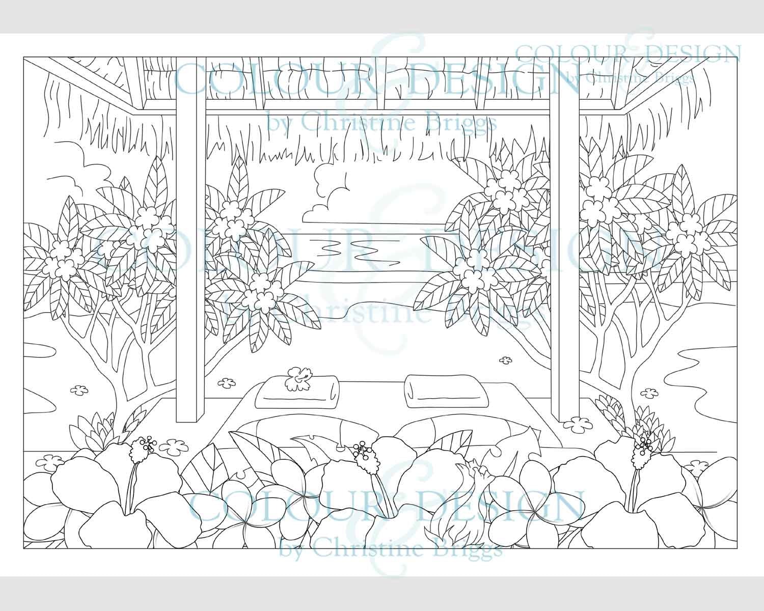 Printable Beach Spa Coloring Page, Tropical Island Daybed Colouring ...