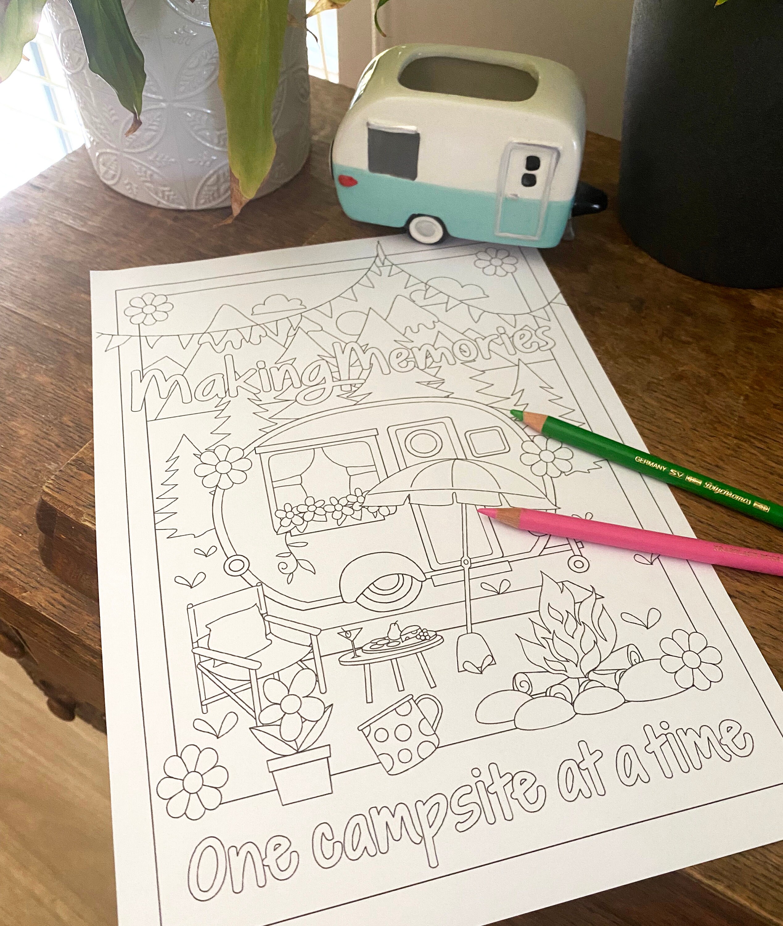 Camping Coloring Page, Vintage Camper Printable, Making Memories ...