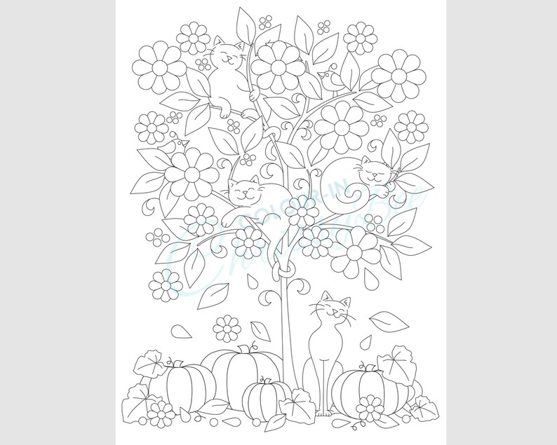 Printable Cat Coloring Page Autumn Fall Flowers Thanksgiving - Etsy