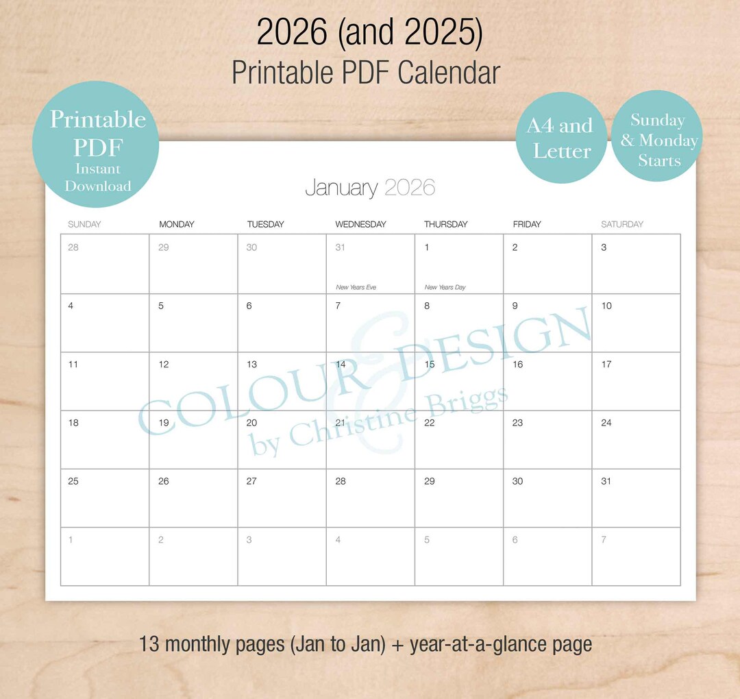 2026 Printable PDF Calendar: 13 Month, DIY Yearly Monthly Planner, A4 ...
