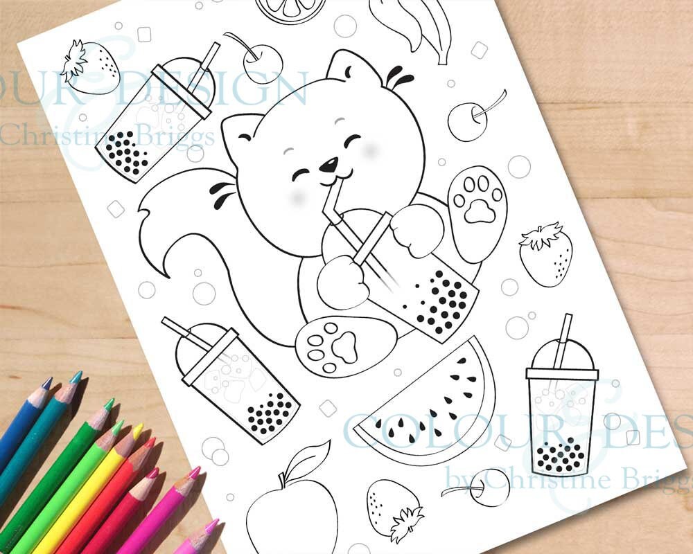 Boba Cat Coloring Page. Kawaii Printable, Bubble Tea Colouring Page ...