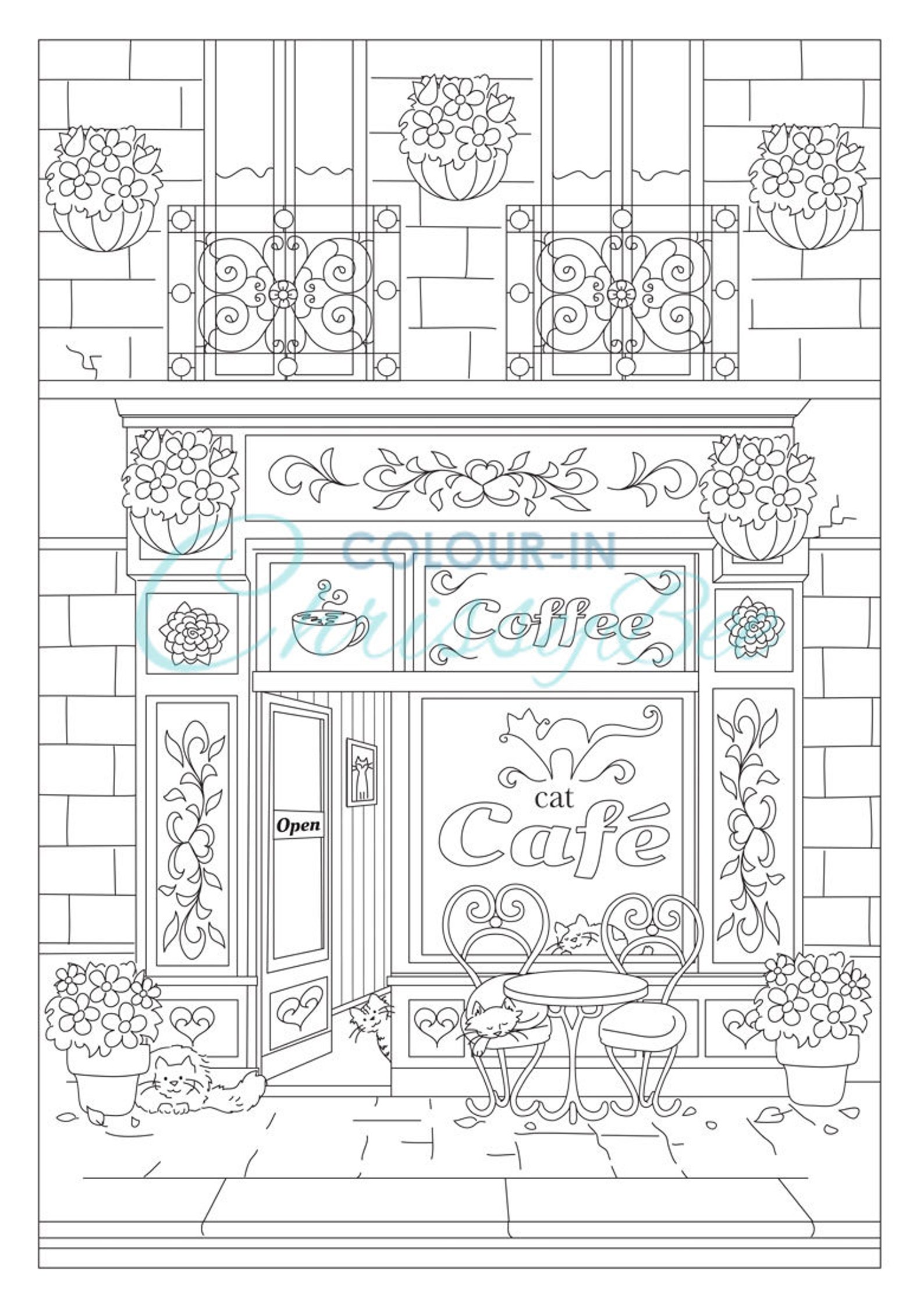 Cat Cafe Coloring Book. 40 Printable Digital PDF Adult - Etsy