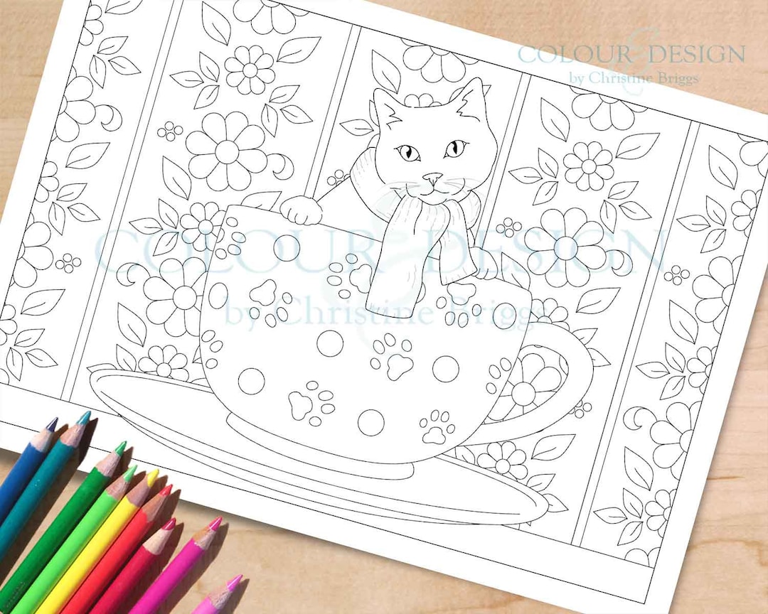 Printable Teacup Cat Coloring Page. Realistic Cats Colouring for Adults ...