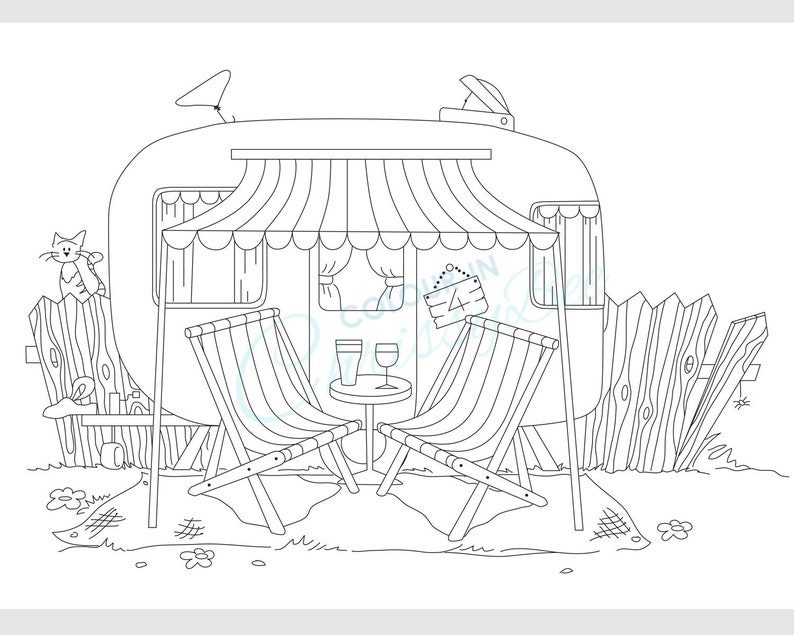 Cute Camper Coloring Page, Vintage Caravan Printable, Adult Colouring ...