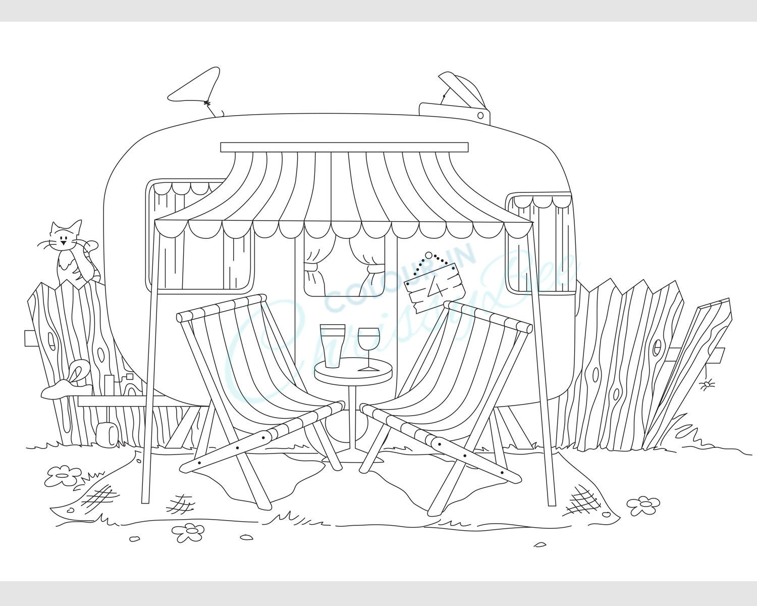 Cute Camper Coloring Page, Vintage Caravan Printable, Adult Colouring ...