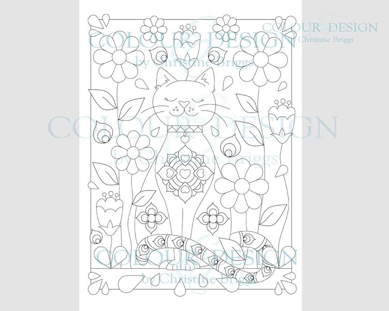 Printable Cat Coloring Page, Folk Art Colouring Page, Easy Adult and ...