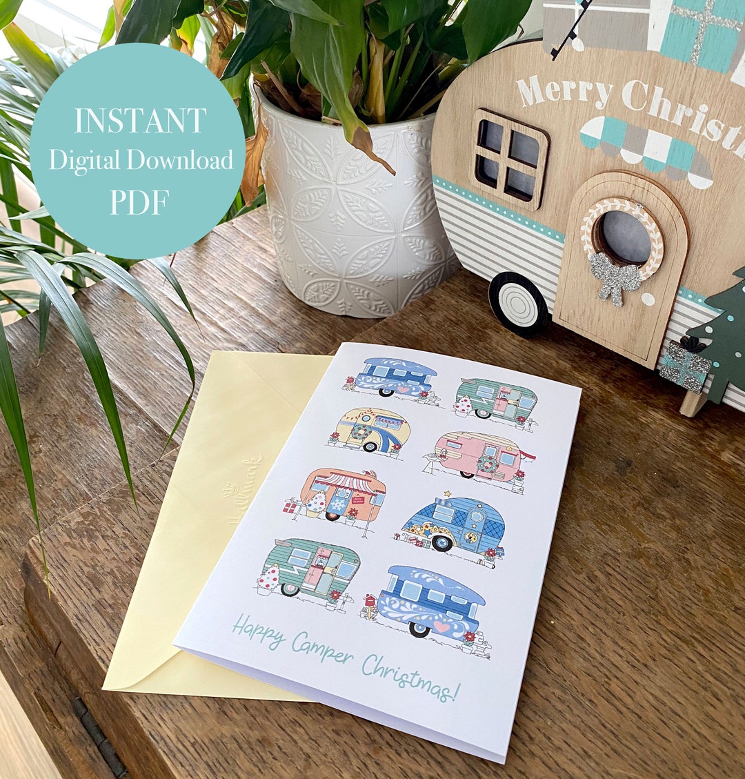 DIY Camping Christmas Card. Happy Camper Retro Caravan RV, Printable ...
