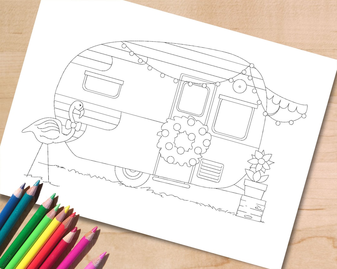Christmas Camper Coloring Page, Vintage Caravan Printable, Adult ...