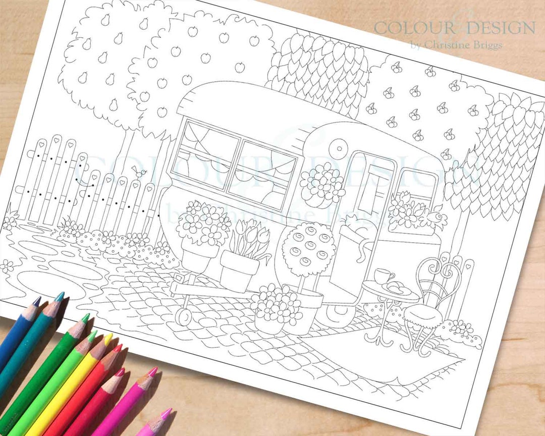 Printable Vintage Caravan Coloring Page, English Cottage Garden ...