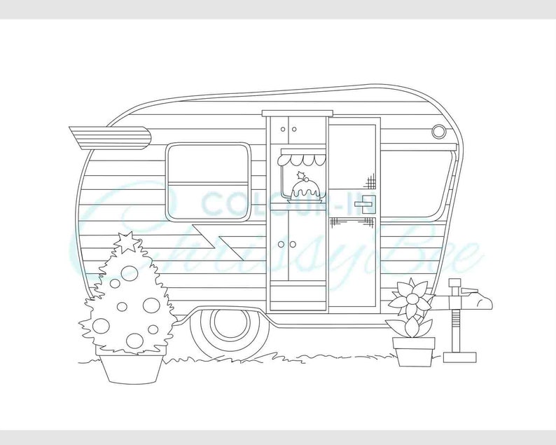 Camper Coloring Page, Vintage Caravan Printable, Camping Colouring Page ...