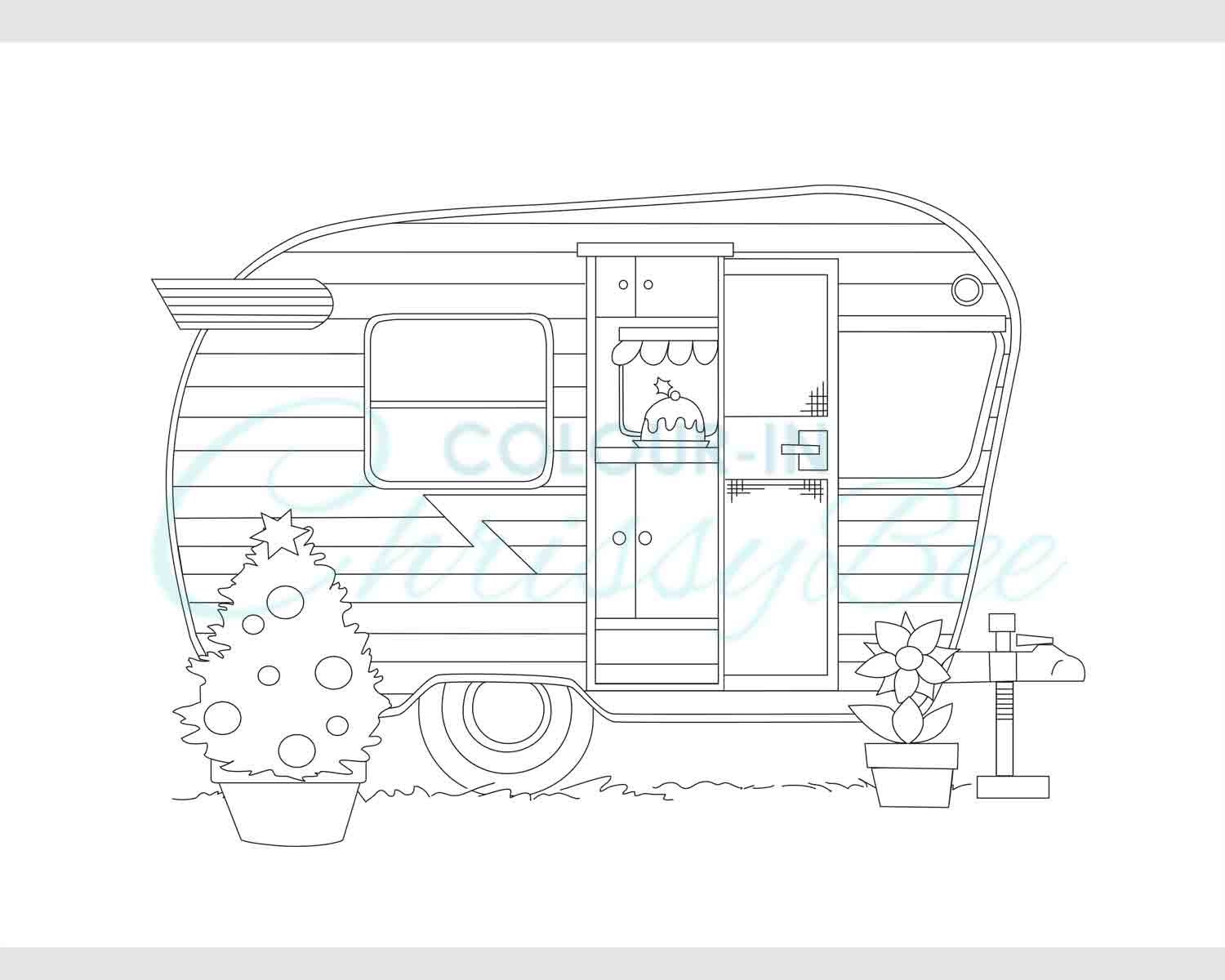 Camper Coloring Page, Vintage Caravan Printable, Camping Colouring Page ...