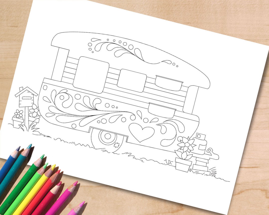 Caravan Colouring Page, Vintage Camper Printable, Adult Coloring Page ...