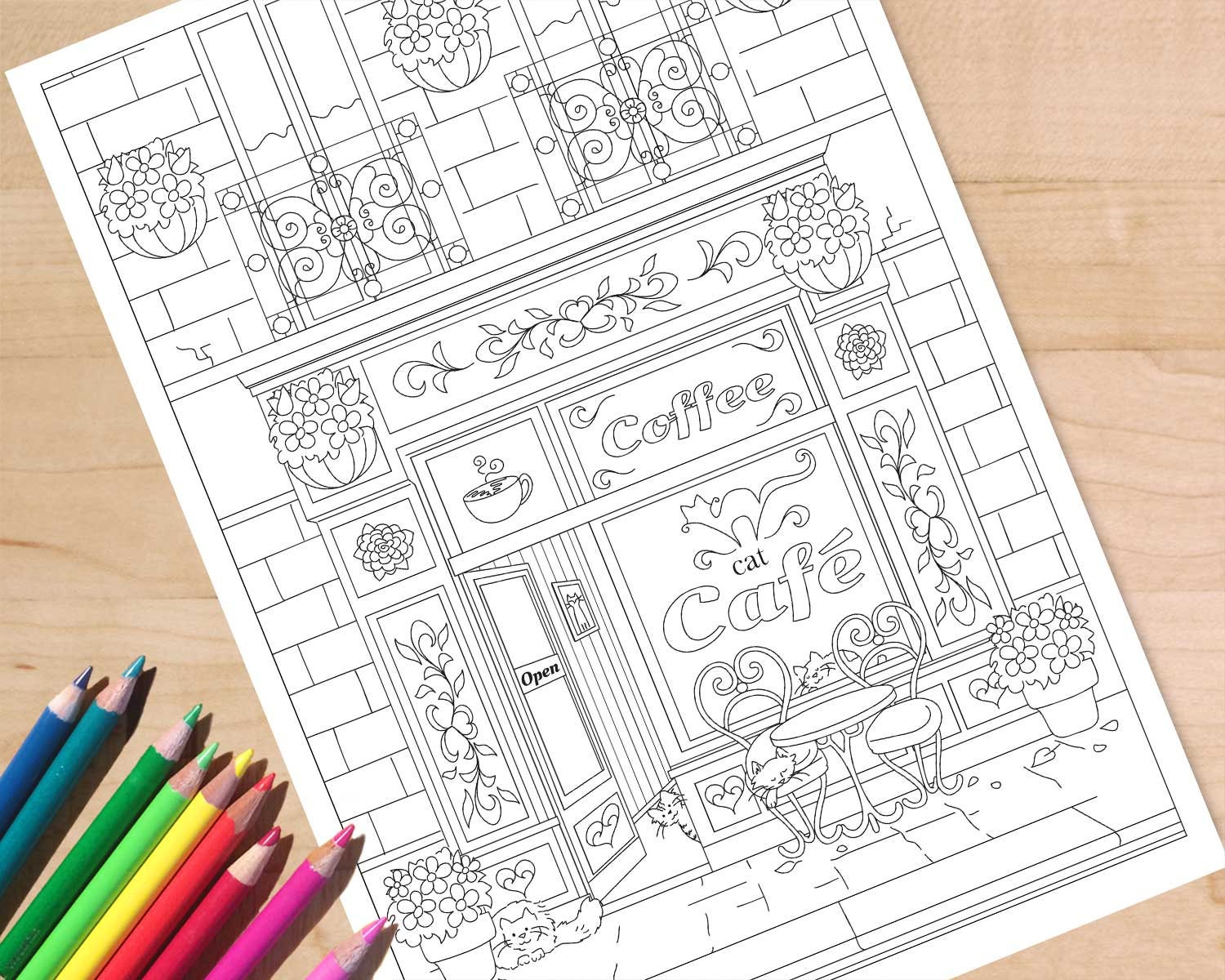 Cat Coloring Page, Printable Cat Cafe Colouring Page, French Paris ...