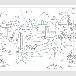 Camping Coloring Page, Summer Beach Printable, Vintage Camper Download ...