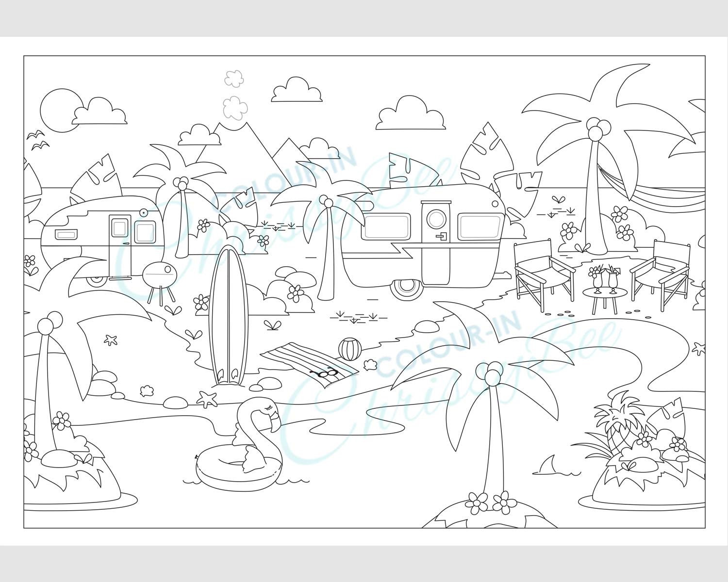 Camping Coloring Page, Summer Beach Printable, Vintage Camper Download ...
