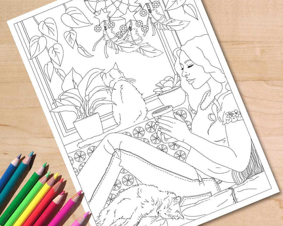 Plant Lady Coloring Page: Cats, Coffee, Dreamcatcher (a4/letter PDF) - Etsy