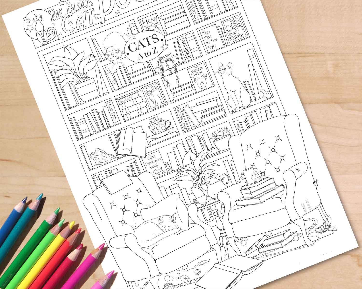 Cat Cafe Coloring Page, Printable Library Cats Colouring Sheet ...