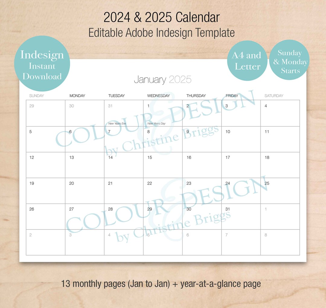 2025 Editable Indesign Calendar Template. Printable 13 Month Calendar ...