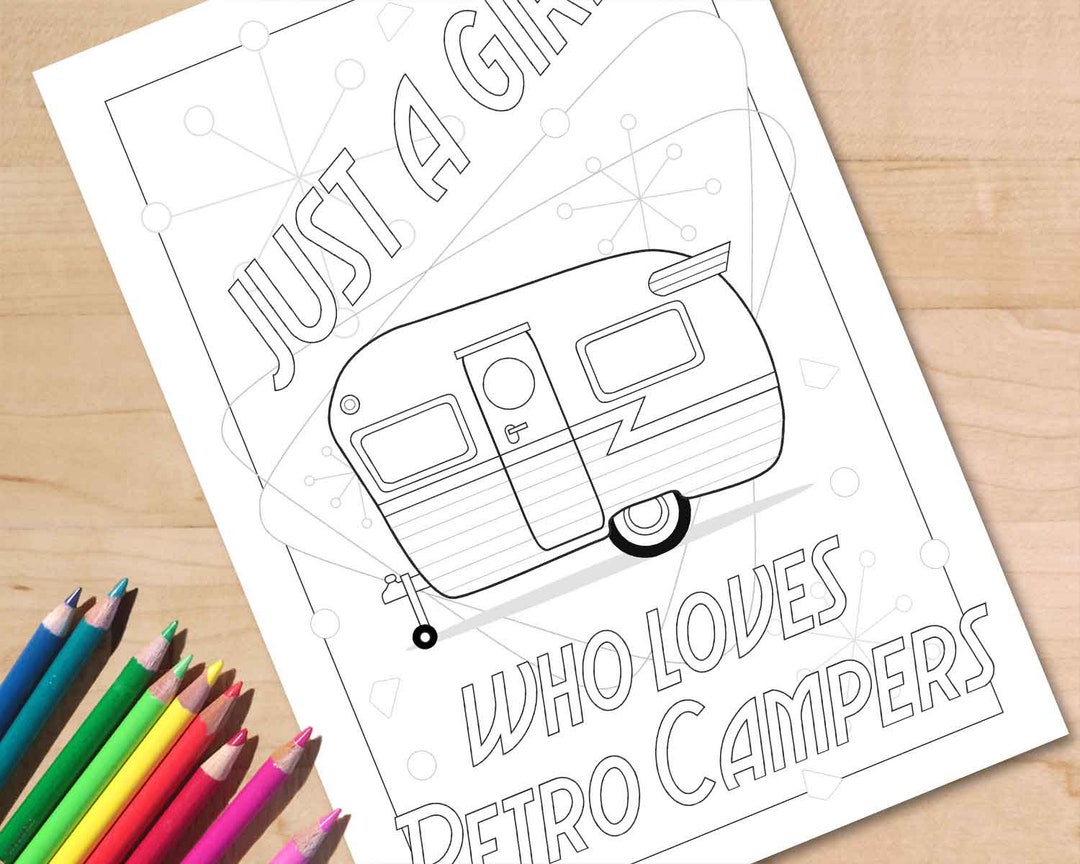 Camper Coloring Page, Printable Camping Colouring Page, Vintage Caravan ...