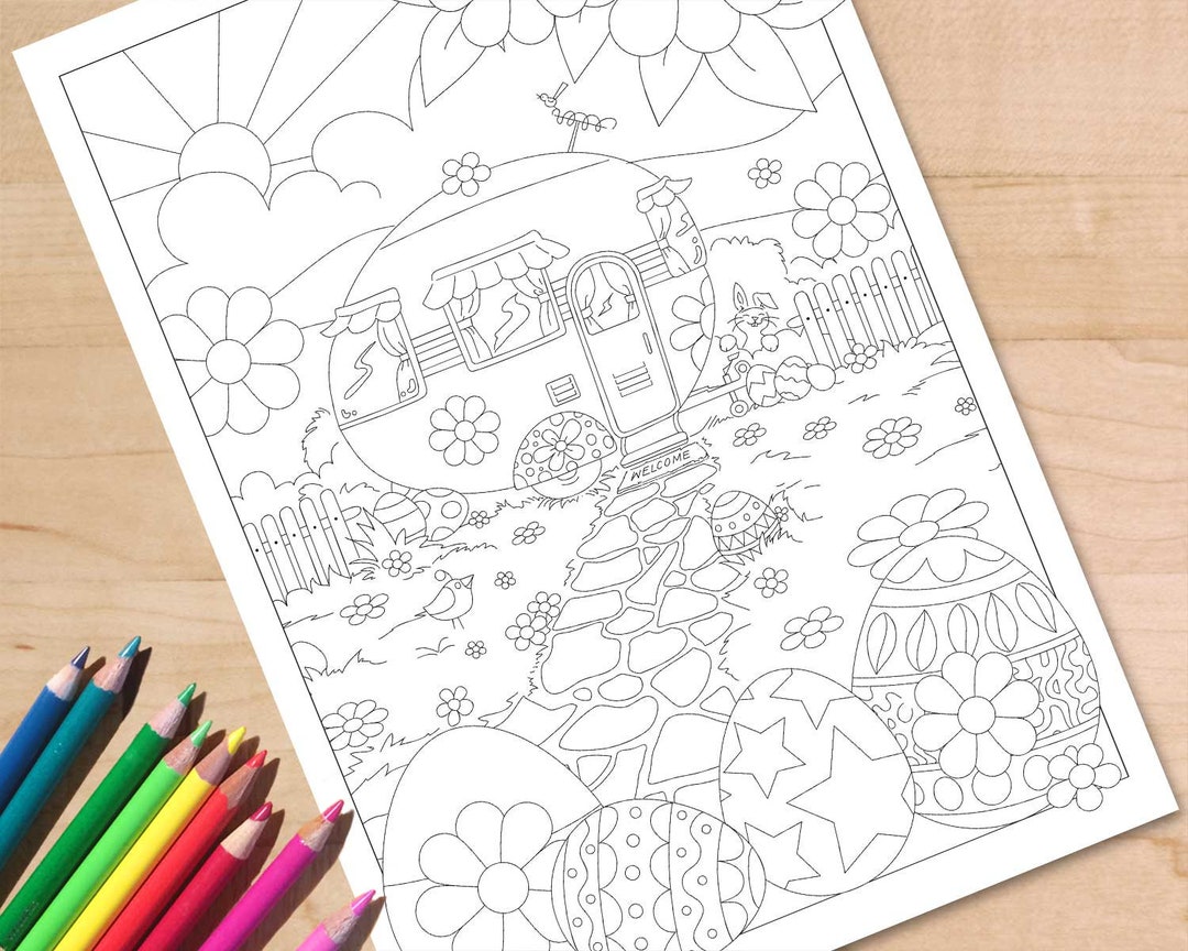 Easter Camping Coloring Page. Caravan RV Camper, Printable Colouring ...