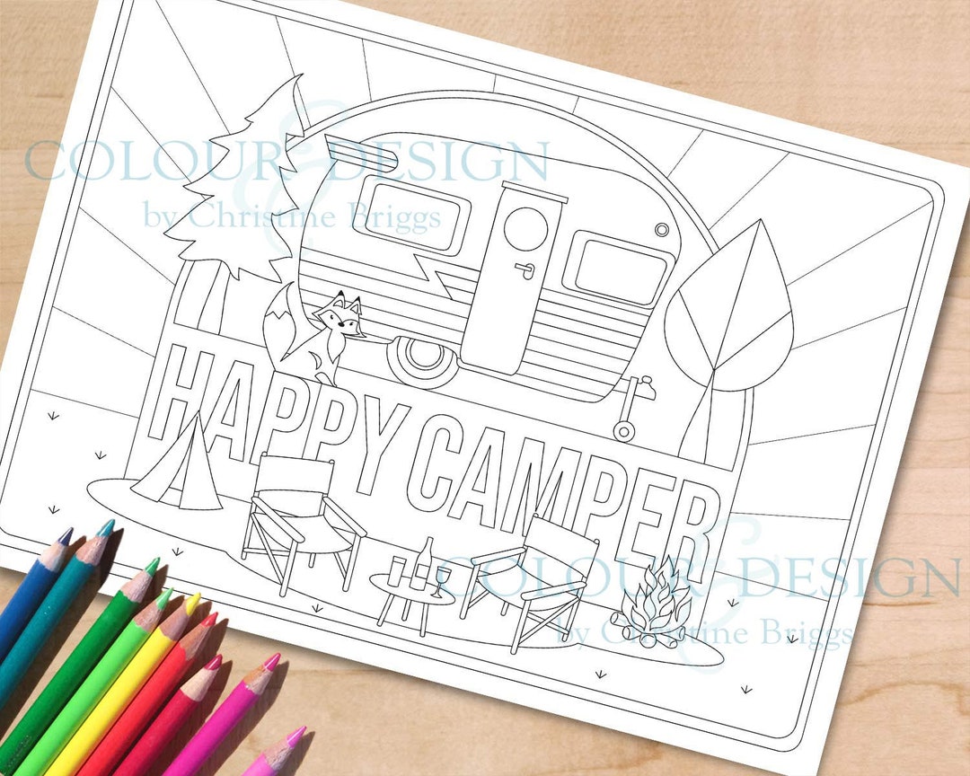 Camping Coloring Page, Happy Camper Printable, Retro RV Activity Sheet ...