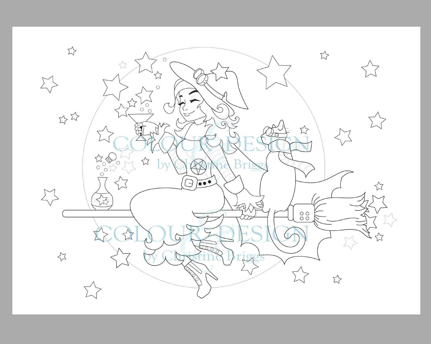 Halloween Witch Coloring Page, Cute Witch and Black Cat Printable ...