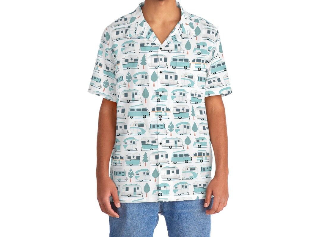 RV Camping Shirt. Vintage Camper Trailer Print Men's Hawaiian Shirt ...