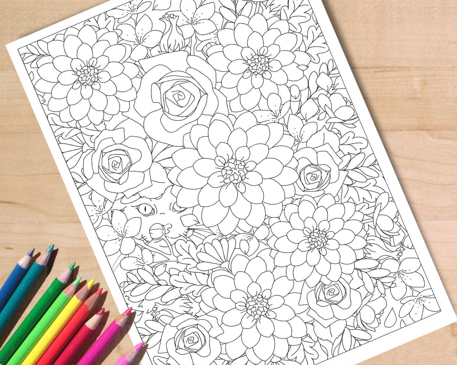 Cat Flowers Coloring Page Cat Colouring Page Flower Coloring - Etsy