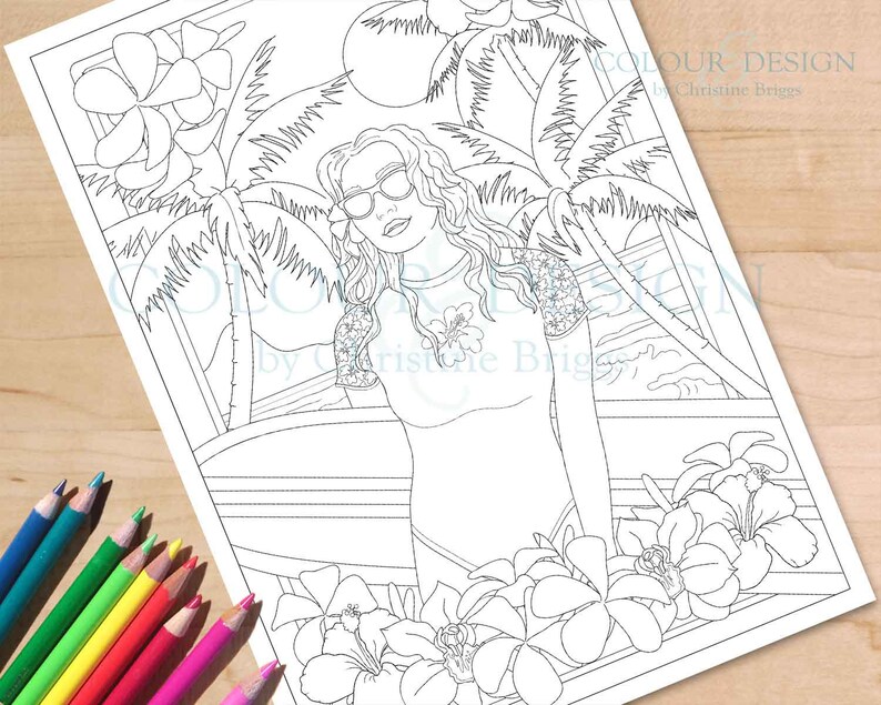 Printable Surfer Girl Coloring Page, Summer Beach Colouring Page, Woman ...