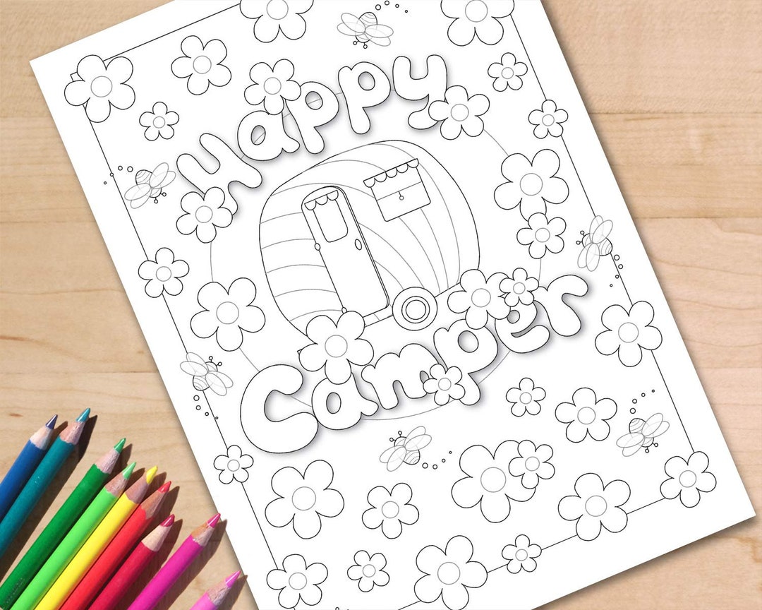 Happy Camper Coloring Page, Camping Printable, Vintage Caravan Adult ...